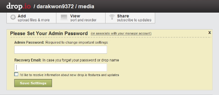 drop 을 만들기 전 인증 비밀번호와 복구용 이메일 계정을 묻는 화면이 나옵니다 . 비밀번호는 drop 내의 중요설정을 변경할 ...